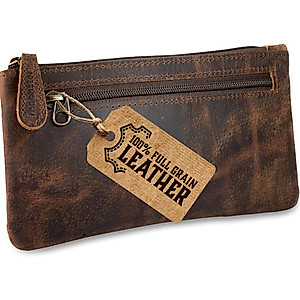 Moonster Leather Pencil Case Beautifully Handcrafted Zippered Pouch That’s Made To Last - Elegant, Practical Pencil Cases for Adults & Students - Unique 8" x 4" Design with Side Pocket & Keyring