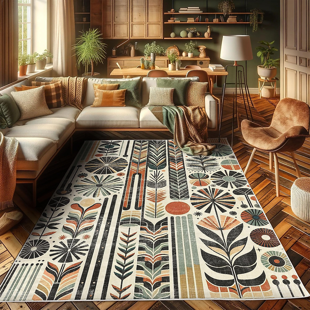 Ambesonne Bohemian Decorative Rug, Retro Mid Century Inspired Abstract Patterns on Ivory Background, Quality Carpet for Bedroom Dorm and Living Room, 4' X 5' 5", Dark Orange and Reseda Green