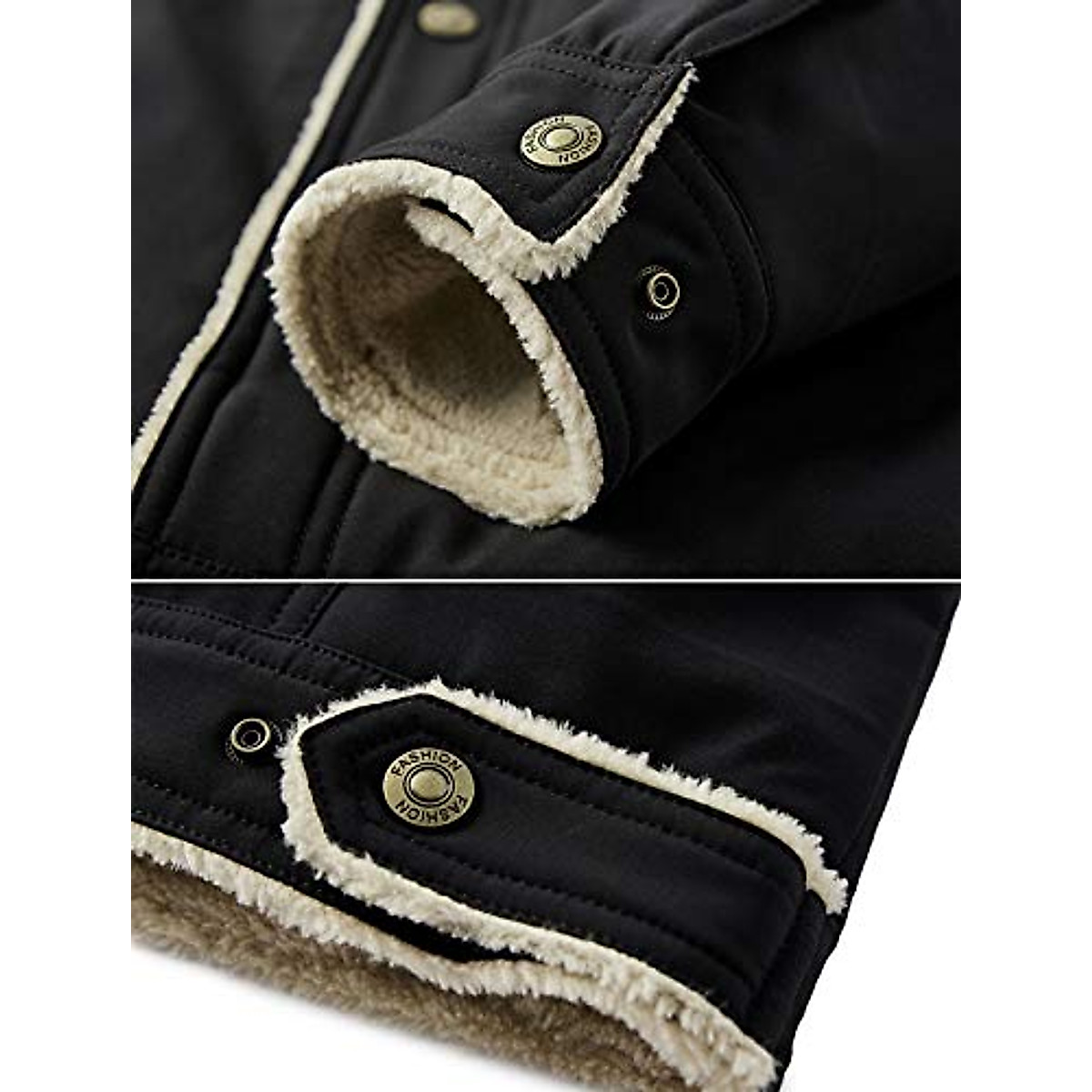 HOW'ON Men's Casual Sherpa Fleece Lined Jacket Warm Coat With Fur Collar Black L