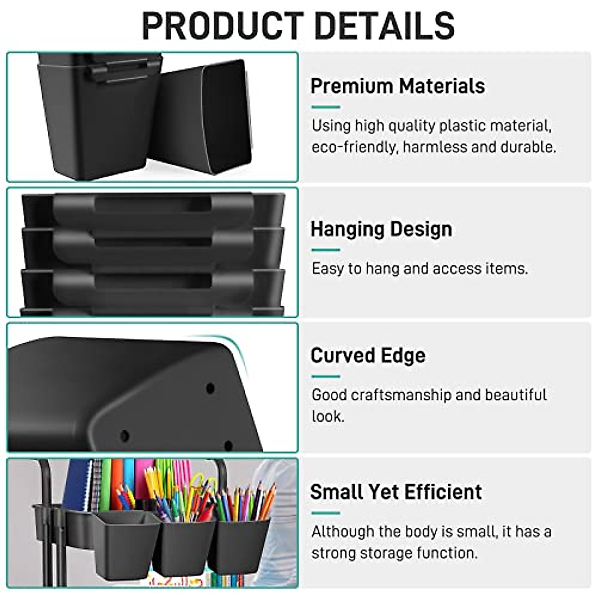 LEZIOA 5 Pack Hanging Cup Holders, Multipurpose Rolling Cart Accessories Utility Cart Accessories For Art & Craft Supplies, Space Saving Hanging Storage Basket Pencil Holder Makeup Organizers (Black)