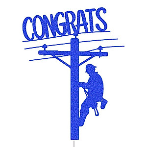 Congrats Grad Cake Topper, Congrats Electrician, Electrician Lineman Themed 2024 Graduation Party Decorations Blue Glitter