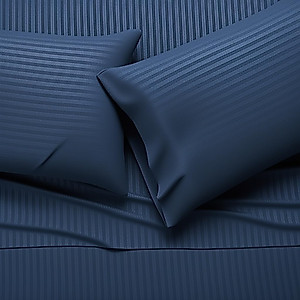 Cotton King Size Sheets, 4 Piece Sheet Set, Deep Pocket up to 16", Sheet & Pillowcase Set, Deep Pocket Hotel Bed Sheets, Breathable & Cooling, Soft Comfy and Quality Sheets (Striped,Navy Blue,King)