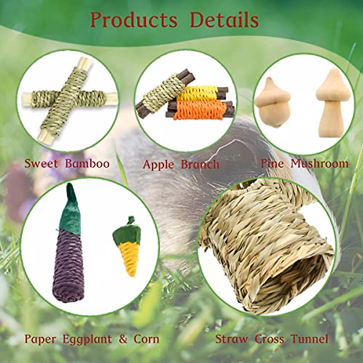 Vehomy Guinea Pig Grass Tunnel Toy Hamster Natural Hideaway Tunnel Tubes and 9Pcs Small Pet Chewing Toys Small Animal Grass House with 5 Entrances for Guinea Pig Syrian Hamster Chinchillas Gerbils