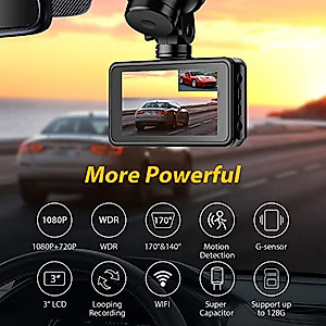 Dash Cam Front and Rear with WiFi, 1080P FHD Dash Camera for Cars, Dual Dashcam with 3 Inch Display, Super Night Vision, 170° Wide Angle, G-Sensor, Loop Recording, Parking Monitor, Support 128GB Max