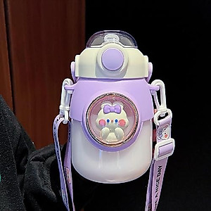 ChezMax Kawaii Bear Straw Water Bottle with Shoulder Strap, Leak-proof Stainless Steel Vacuum BPA free Cute Insulated Water Bottles and Kawaii Stickers for Girls School Office (Purple) 3.5 W x 7.2 H