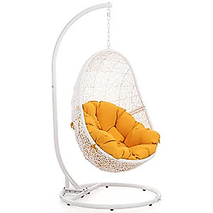 Zuri Furniture Modern Reef White Basket Swing Chair Yellow Cushion with Stand