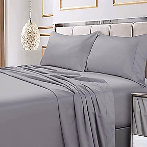 Tribeca Living Bed Sheet Set, Soft Egyptian Cotton Sateen Solid Sheets and Pillowcase Set, Deep Pocket, 600 Thread Count, 6-Piece Luxury Bedding, Queen, Silver Grey
