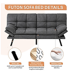 MUUEGM Futon Adjustable Sofa Bed Couch,Memory Foam Modern Loveseat Sofa Take a Nap,Convertible Sofas for Apartment,Bed Room,Living Room,Office,Small Space Dark Gray