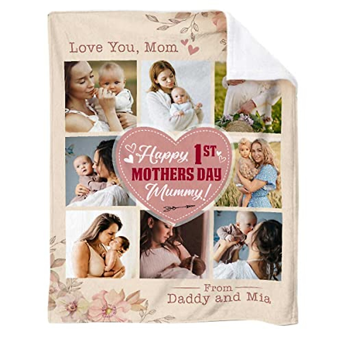 Basilius Happy 1st Mothers Day Blanket Custom Photo, Personalized First Mothers Day Blanket for Daughter for Wife, Photo Collage Blanket Throw for New Mom, 1st Time Mom Gifts