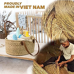 GAIAMADE Seagrass Diaper Caddy, Practical Diaper Holder with Handles, Hand-woven Baby Diaper Caddy Organizer, Neutral Nursery Organizing, Decoration and Gift (included 2 Cotton Drawstring Bags)