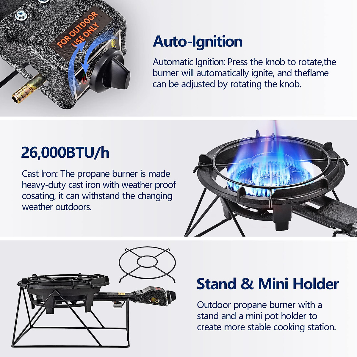 ARC 13" Single Propane Burner, Outdoor Propane Burner Stove, Cast Iron Portable Propane Burner Wok Burner With Sturdy Stand Hose And Regulator, Perfect For Outdoor (26000 btu)