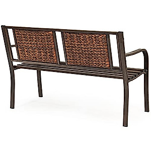 Tangkula Patio Garden Bench with Wicker Backrest, Outdoor Park Bench Chair with Powder Coated Steel Frame, Bench Loveseat for Outdoor Garden, Backyard, Lawn, Porch, Path, Deck