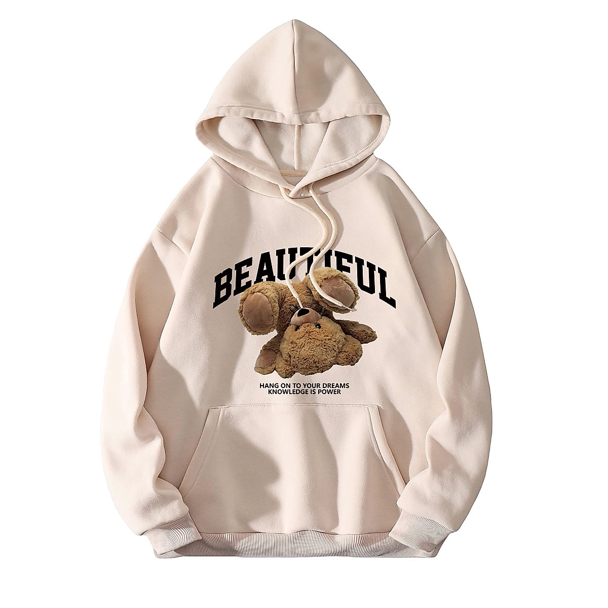 GORGLITTER Women's Graphic Letter Print Preppy Hoodies Long Sleeve Drop Shoulder Drawstring Pullover Sweatshirt Khaki Small