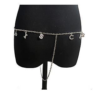 Women Sexy Rhinestone Pisces Constellations Waist Body Chain Crytal Sexy 12 Constellations Letter Pendant Belly Waist Chain T-string Thong Body Jewelry