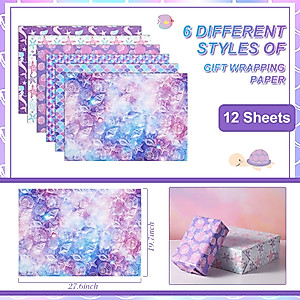 Kolldenn 12 Sheets Mermaid Gift Wrapping Paper Birthday Gift Folded Wrapping Paper 6 Styles 19.7 x 27.6 Inch Kids Mermaid Gift Box Packaging Paper for Girls Birthday Baby Shower Party Supplies