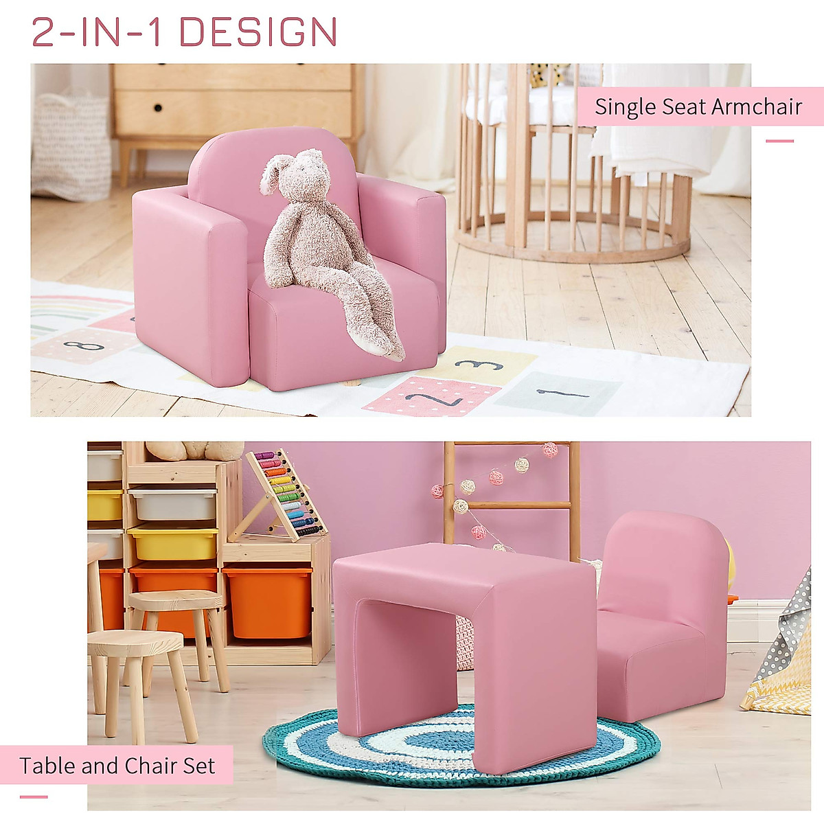 Qaba 2-in-1 Multifunctional Kids Sofa Convertible Table and Chair Set for Boys Girls, Pink