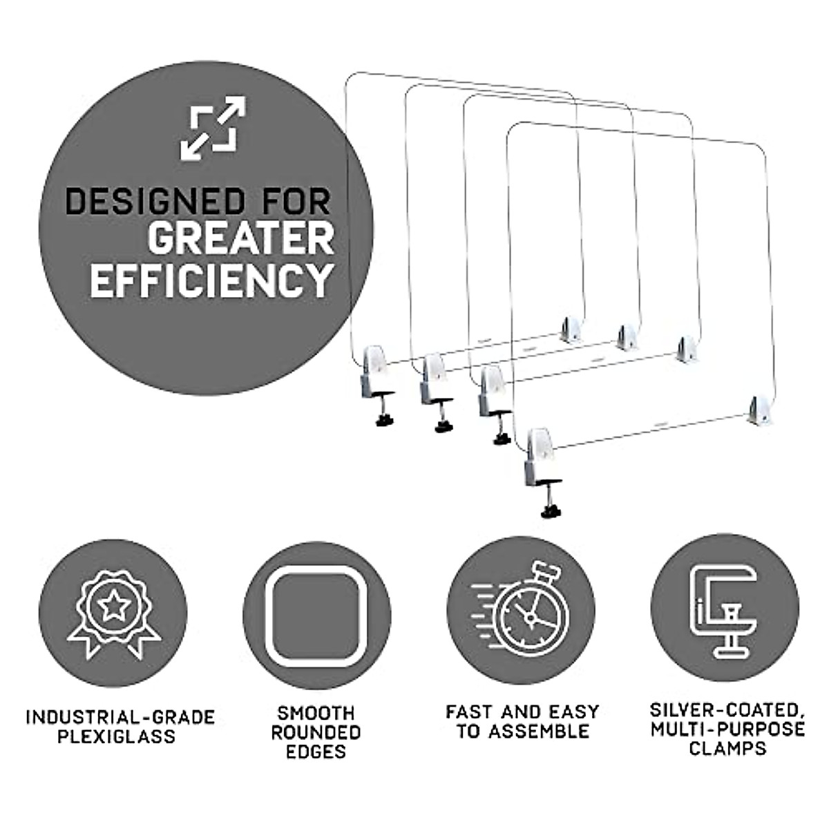 4 Pack - Desk Divider Office Partitions - Crystal Clear Acrylic Plexiglass. Adjustable Silver Clamps Included. Desk Divider for Schools or Offices. Clear Plexiglass Sneeze Guard, 22x22 inches.