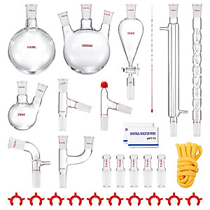 VEVOR New Laboratory Glassware 24/40 Chemistry Glassware 29PCS Chemistry Lab Glassware Kit 250 1000ml for Distillations Separation Purification Synthesis 24/40 29PCS