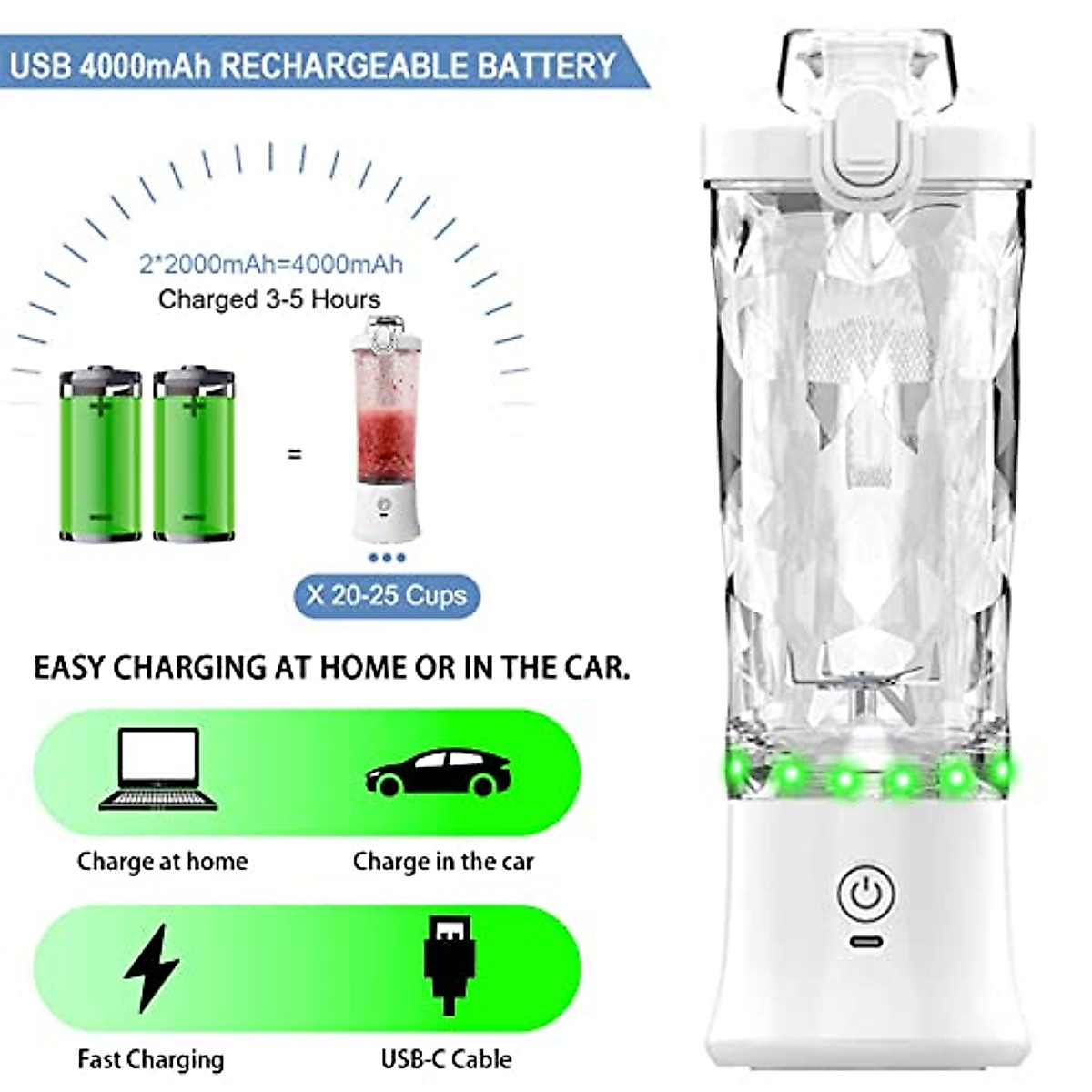 Portable Blender, Personal Size Juicer Blender for Shakes and Smoothies 20 Oz Travel Blender USB Rechargeable Mini Blender with 6 Blade for Home, Kitchen, Office, Sports