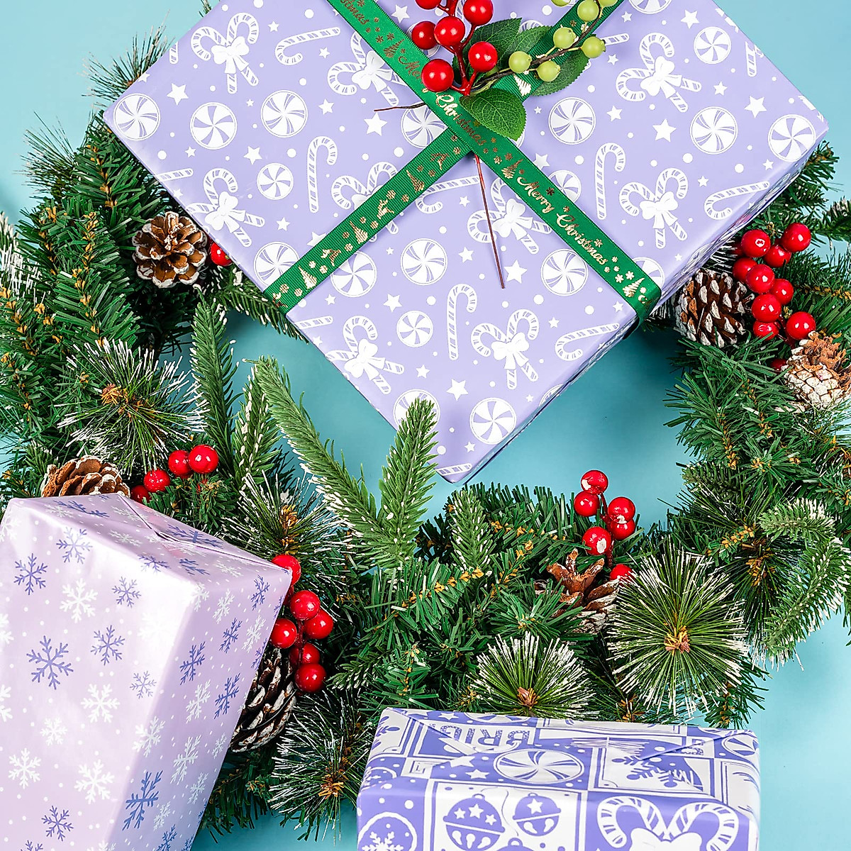 LeZakaa Christmas Wrapping Paper Mini Roll - Bell & Tree/Candy Canes/Snowflakes Design in Light Purple for Gift Wrap, Arts Crafts - 17 x 120 inches - 3 Rolls (42.5 sq.ft.ttl.)