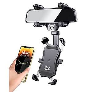 OFY Phone Mount for Car, [2023 Upgraded 4 Clip Never Fall] Rear View Mirror Phone Holder, 360 Rotatable and Retractable Car Phone Holder for Most Mobile Phones & Vehicles