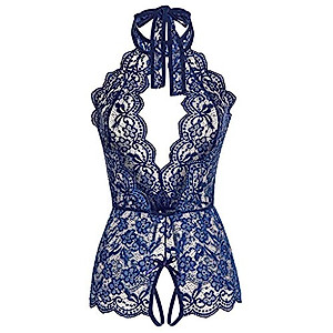 Women's Teddy Lingerie Crotchless Lace Choker Bodysuit Lingeries Floral Crochet One Piece Babydoll Hollow Out Mesh Sheer Sleepwear for Bride