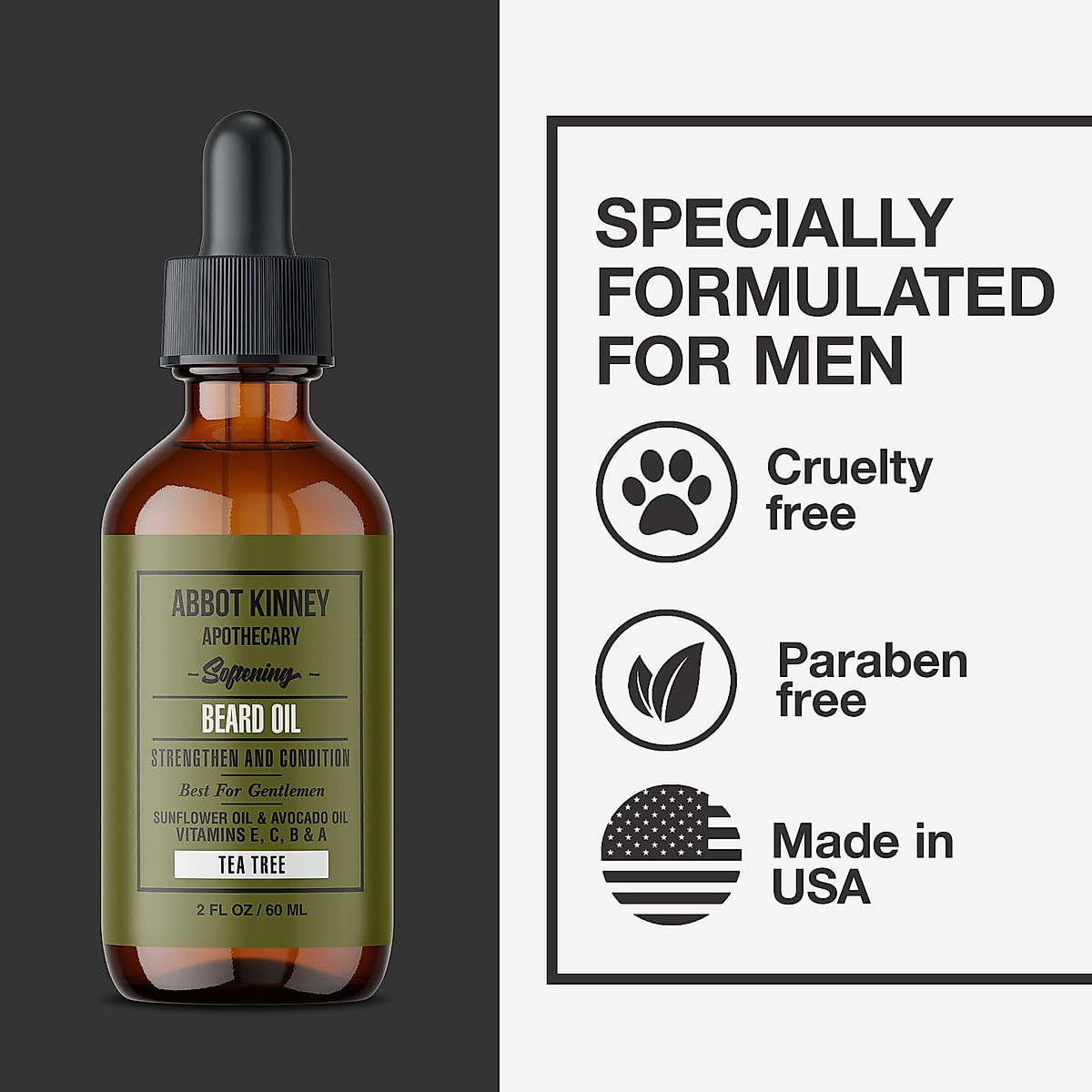 ABBOT KINNEY APOTHECARY Softening Beard Oil, Strengthens and Conditions Beards, Blend of Natural Oils, 2 oz (Tea Tree)