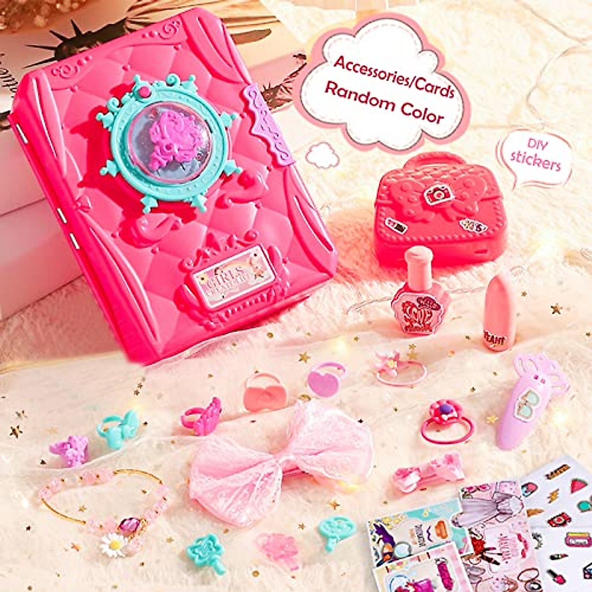 Toys for 3 4 5 6 7 8 Year Old Girl,Unlock Real Little Things Dress Up Accessories Magic Book Set with Lighting Sound,Gifts for Christmas Birthday(Red)