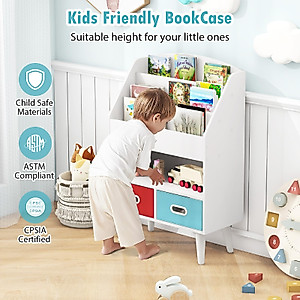 GLACER 5-Tier Kids Bookshelf, Wooden Children’s Book Rack with Toy Storage Organizer, Toddler Montessori Bookshelf with 2 Foldable Storage Cubes, Kids Bookcase for Nursery, Classroom, Playroom (White)