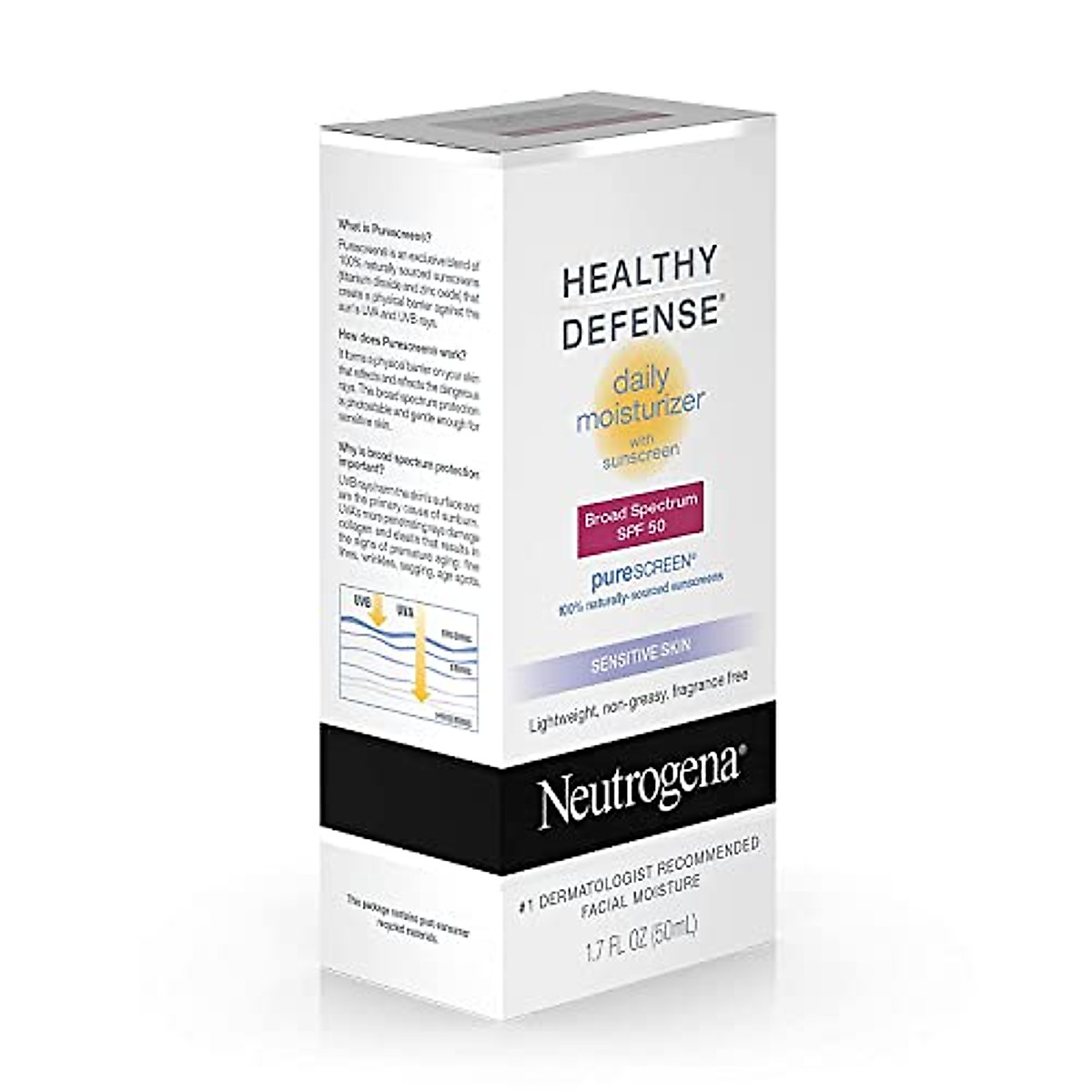 Neutrogena Healthy Defense Daily Moisturizer for Sensitive Skin with SPF 50, Mineral Sunscreen with Zinc Dioxide & Titanium Dioxide, Oil-Free & Fragrance-Free, 1.7 fl. oz (Pack of 2)