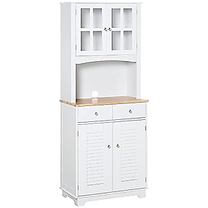 HOMCOM 67" Modern Buffet with Hutch, Louvered Kitchen Pantry Microwave Cabinet with Framed Glass Doors and 2 Drawers, White