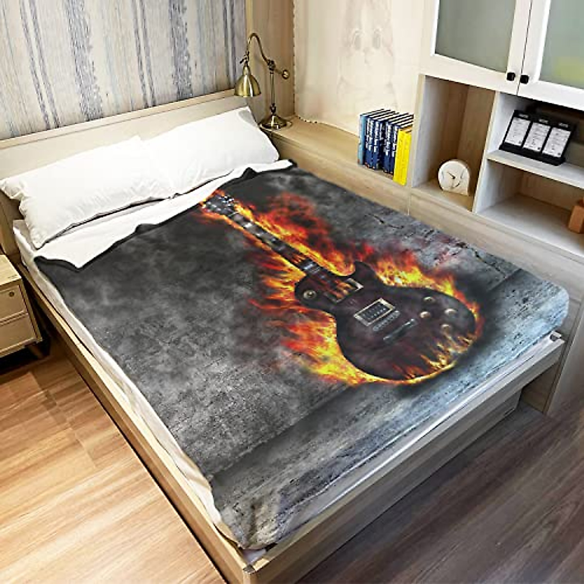 HommomH 60" x 80" Blanket Comfort Cozy Soft Warm Throw One Sides Guitar Flame Fire Smoke
