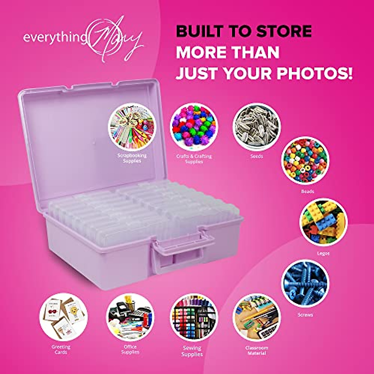 Everything Mary 4" x 6" Photo Storage Box, Purple - 16 Inner Organizer Cases - Portable Multi-Purpose Storage