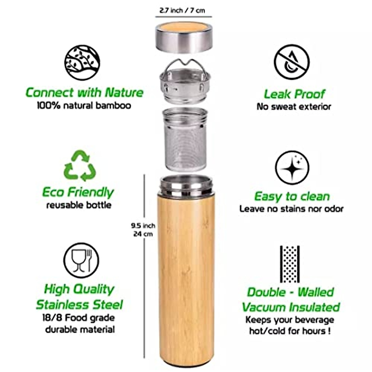 ECO Friendly Bamboo Tumbler - Tea Infuser and Strainer | Water Coffee and Tea Bottle | Stainless Steel Thermos | Vacuum Insulated Travel Tea Gift | Biodegradable | By GreenRO ANZ