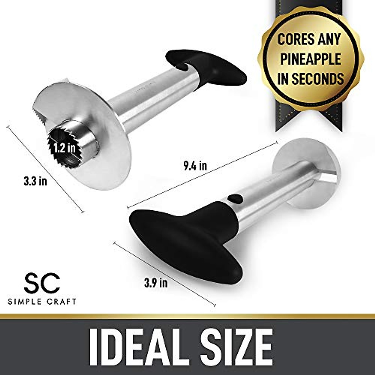 Simple Craft Pineapple Corer and Slicer Tool - Stainless Steel Pineapple Cutter With Sharp Built-in Blade & Detachable Handle - Heavy-Duty Pineapple Corer For Easy Coring & Ring Slices (Black)