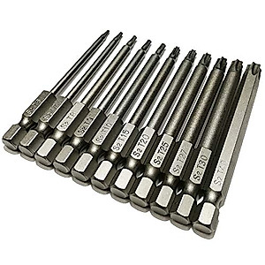 YDLQWCZ Security Torx Bit 11 Pieces 1/4 Inch Hex Shank T6 T7 T8 T9 T10 T15 T20 T25 T27 T30 T40 3 Inch Length S2 Steel Torx Head Screwdriver Drill Set (11pcs 75mm Torx Head)