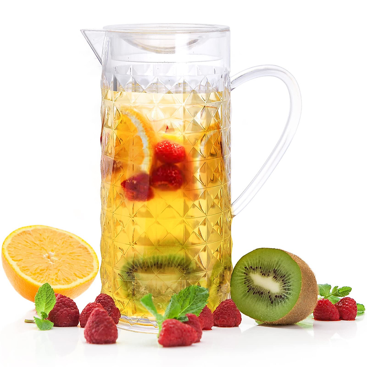 AVLA 2 Pack Acrylic Pitcher, 42 OZ Clear Water Container with Lid, Drink Beverage Fridge Jug, BPA-Free, Shatter-Proof, for Iced Tea, Sangria, Lemonade, Juice, Milk, Premium Quality, Diamond Pattern