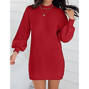 ZESICA Women's 2023 Fall Turtleneck Sweaters Dress Oversized Long Lantern Sleeve Casual Knit Pullover Short Dresses,Red,Small