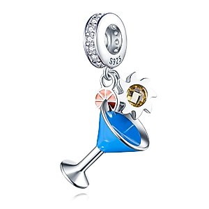 Sterling Silver Cocktail Drink Charm, Martini Glass Charm Summer Beach Theme, Fruit Lemon Dangle Charm with Cubic Zirconia for Women Pandora Style Bracelets