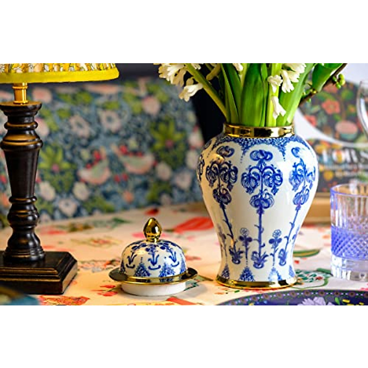 BALIOS Decor Handmade Gold Trim Blue and White Porcelain Fuchsia Flowers Ginger Jar with Lid, 9.1”H x 4.9”W, Decorative Ceramic Bud Vase for Home Décor