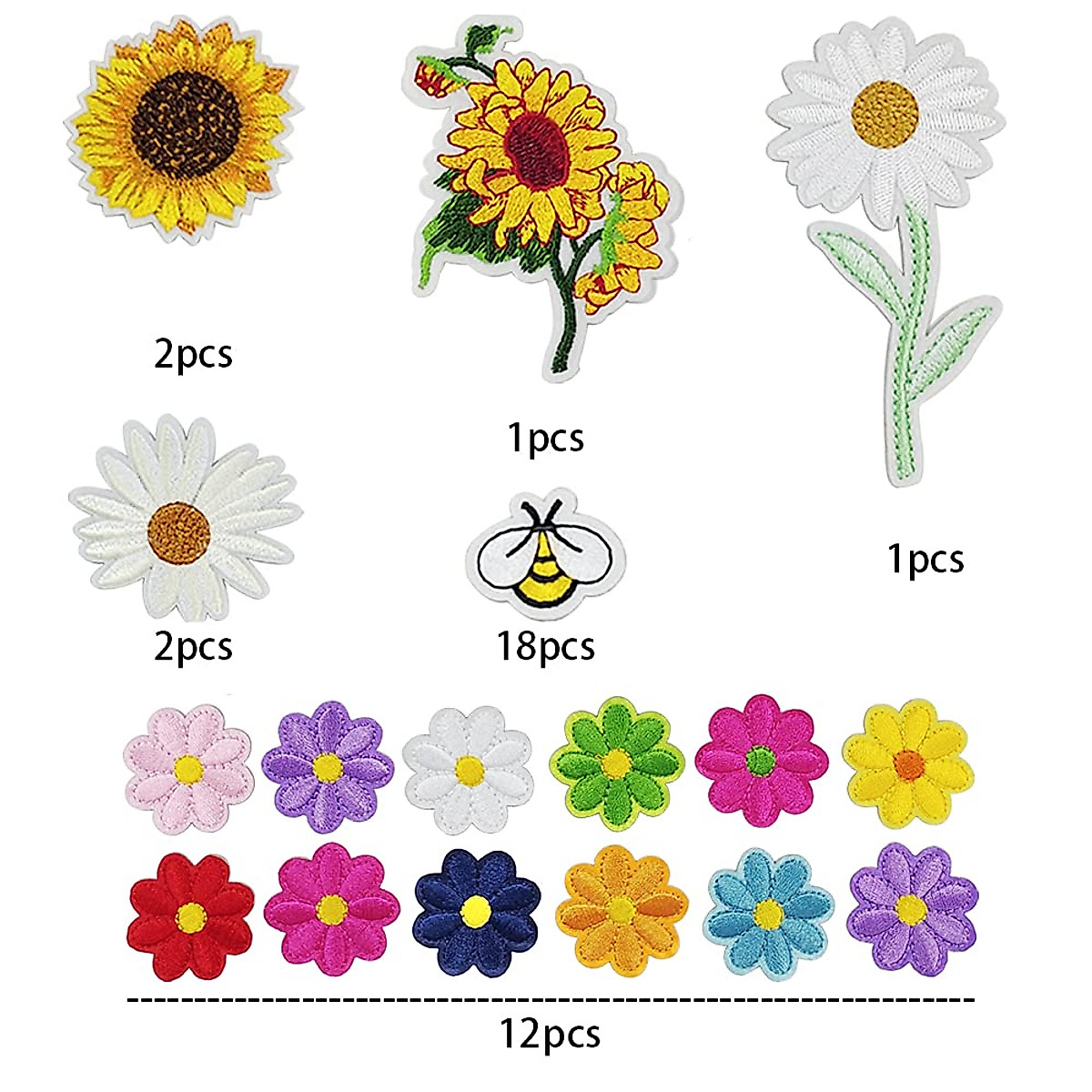 Embroidered Flowers Bee Iron on Patches 36pcs Cute Bumble Sunflower Daisy Patch for Clothing Sew on Embroidered Applique Decoration Sewing Patches for Bags Jackets Jeans Clothes DIY Patches
