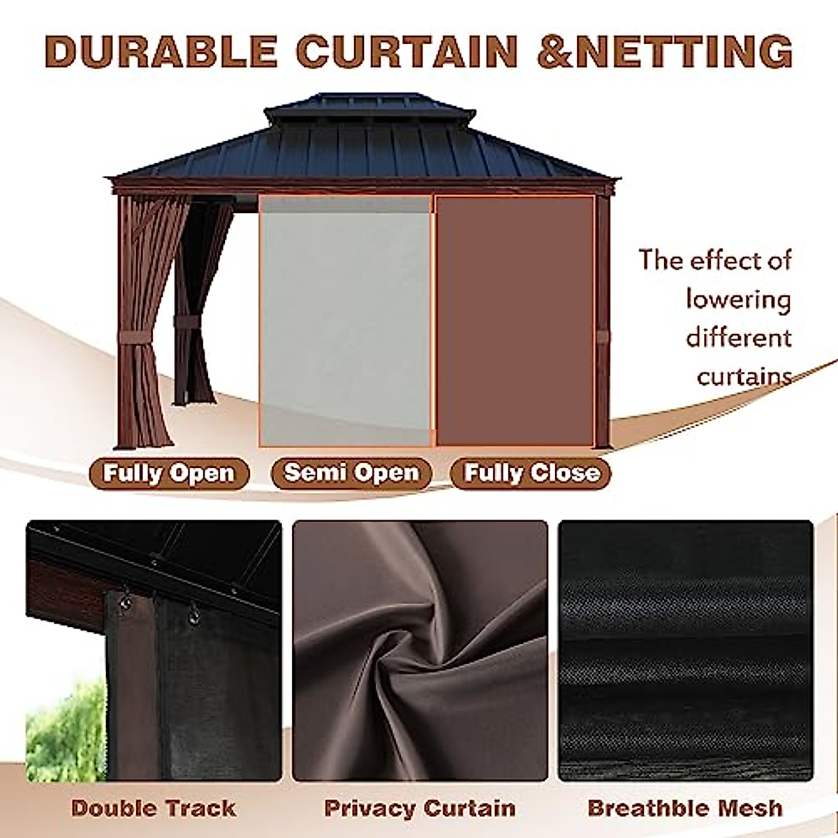 MUPATER 10' x 12' Gazebo, Wooden Finish Coated Aluminum Frame, with Double Galvanized Steel Hardtop Roof, Netting and Curtains for Garden, Patio, Lawn and Parties