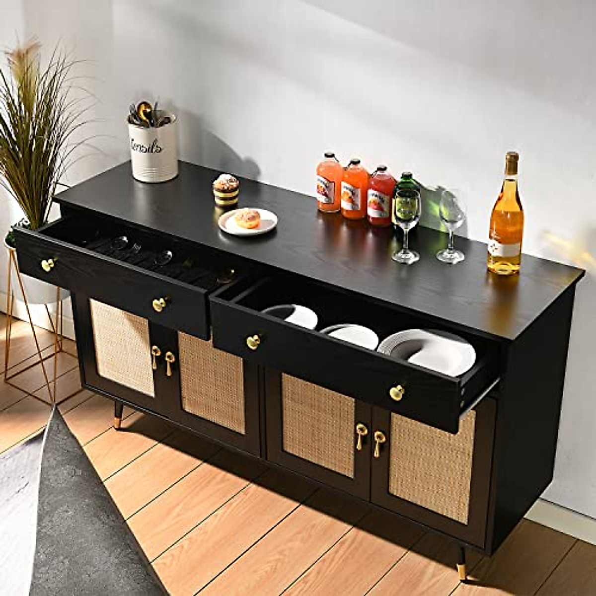 Buffet Cabinet with Storage, 55” Black Kitchen Cabinet with 4 Handmade Natural Rattan Doors, Black Sideboard Storage Cabinet with 2 Drawers for Dining Living Room