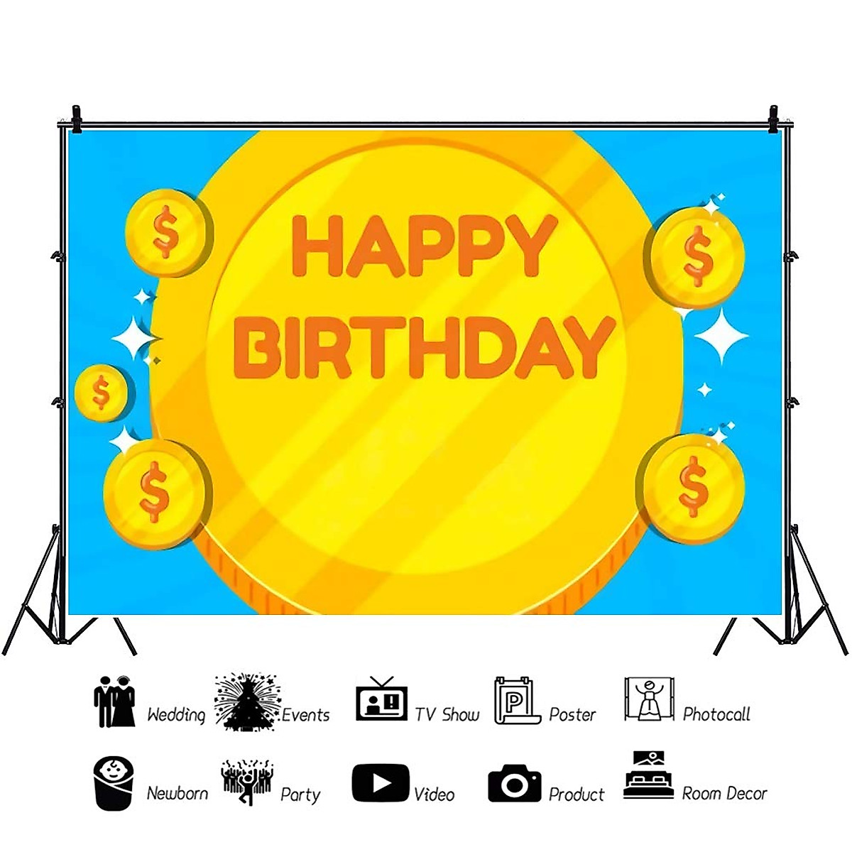 Baocicco 8x6.5ft Happy Birthday Backdrop Gold Coins Dollar Symbols Photography Background Gold Washing Party Gold Fever Treasure Hunting Party Birthday Party Children Adults Portrait