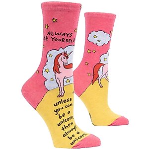 Blue Q Women's Funny Crew Socks ~ Always Be A Unicorn. (fit shoe size 5-10)