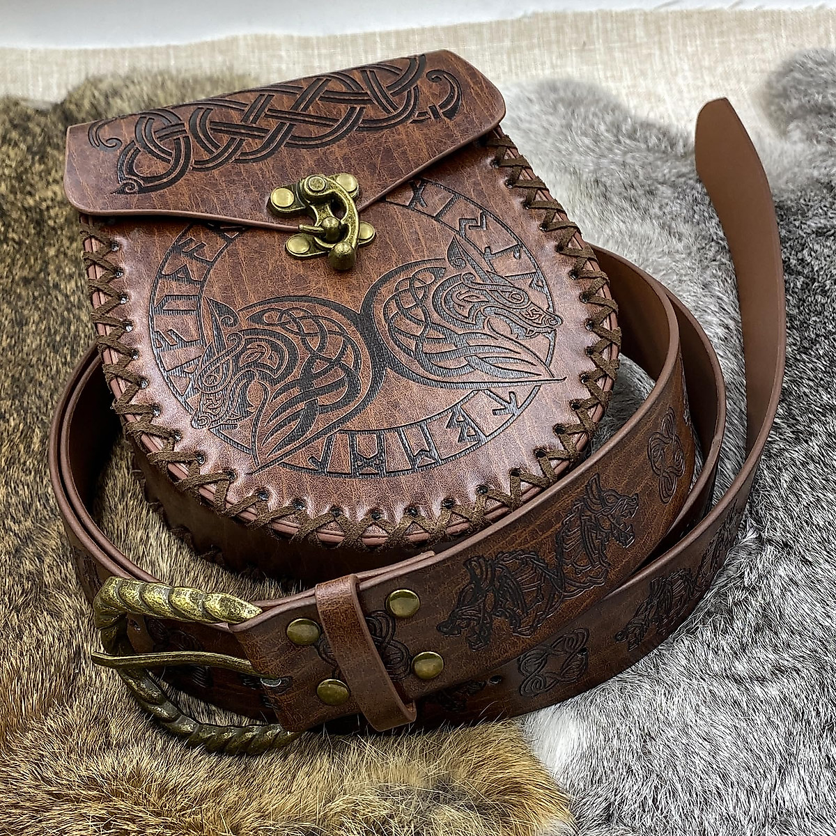 HiiFeuer Viking Fenrir Embossed Buckle Belt with Nordic Embossed Belt Bag, Vintage Faux Leather Belt and Belt Pouch Set for LARP (Brown C)
