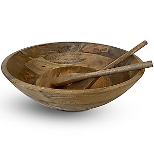 Fairwood Way Wooden Salad Bowl Set - 15" Extra Large Wooden Salad Bowl with Serving Utencils - Large 15 Inch Rustic Mango Wood Bowl, Salad Servers Included