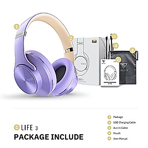 DOQAUS Bluetooth Headphones Over Ear, 52 Hours Playtime Wireless Headphones with 3 EQ Modes, Noise Isolating HiFi Stereo Headphones with Deep Bass, Microphone, Soft Earpads for Cellphone/PC (Purple)