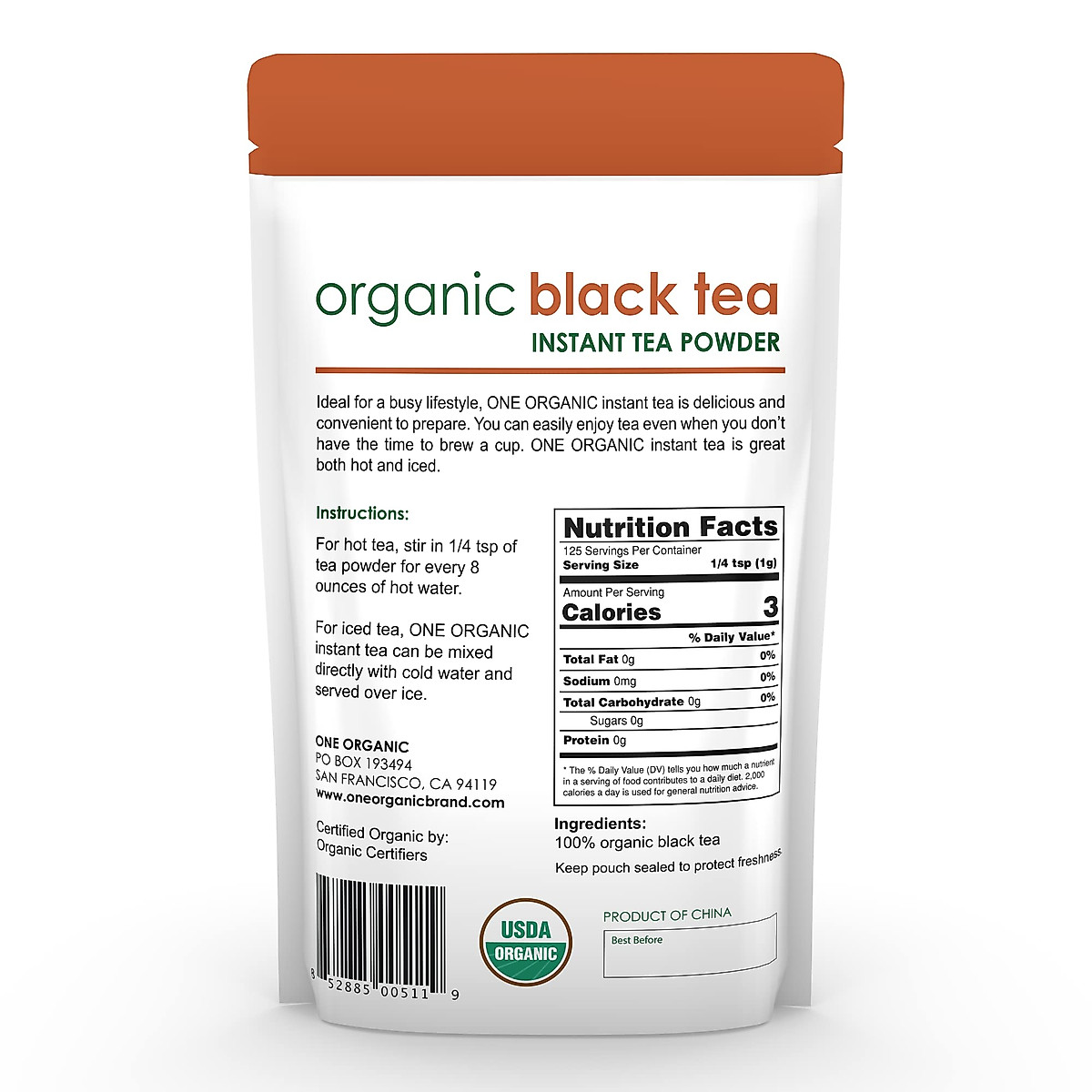 ONE ORGANIC Instant Tea Powder (Black) – 4.4 oz. – 125 Servings – USDA Certified Organic – 100% Pure Tea - Instant Hot or Iced Tea – Unsweetened