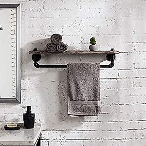 MyGift Rustic Torched Wood Small Bathroom Shelf Wall Mounted Industrial Metal Pipe Towel Bar